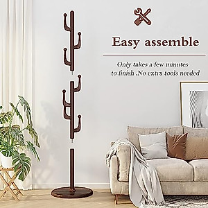 COVAODQ Coat Rack Freestanding, Coat Tree stand with 7 Hooks for Hallway Bedroom Office Natural Wood Standing Coat Rack for Clothes Hat Handbags