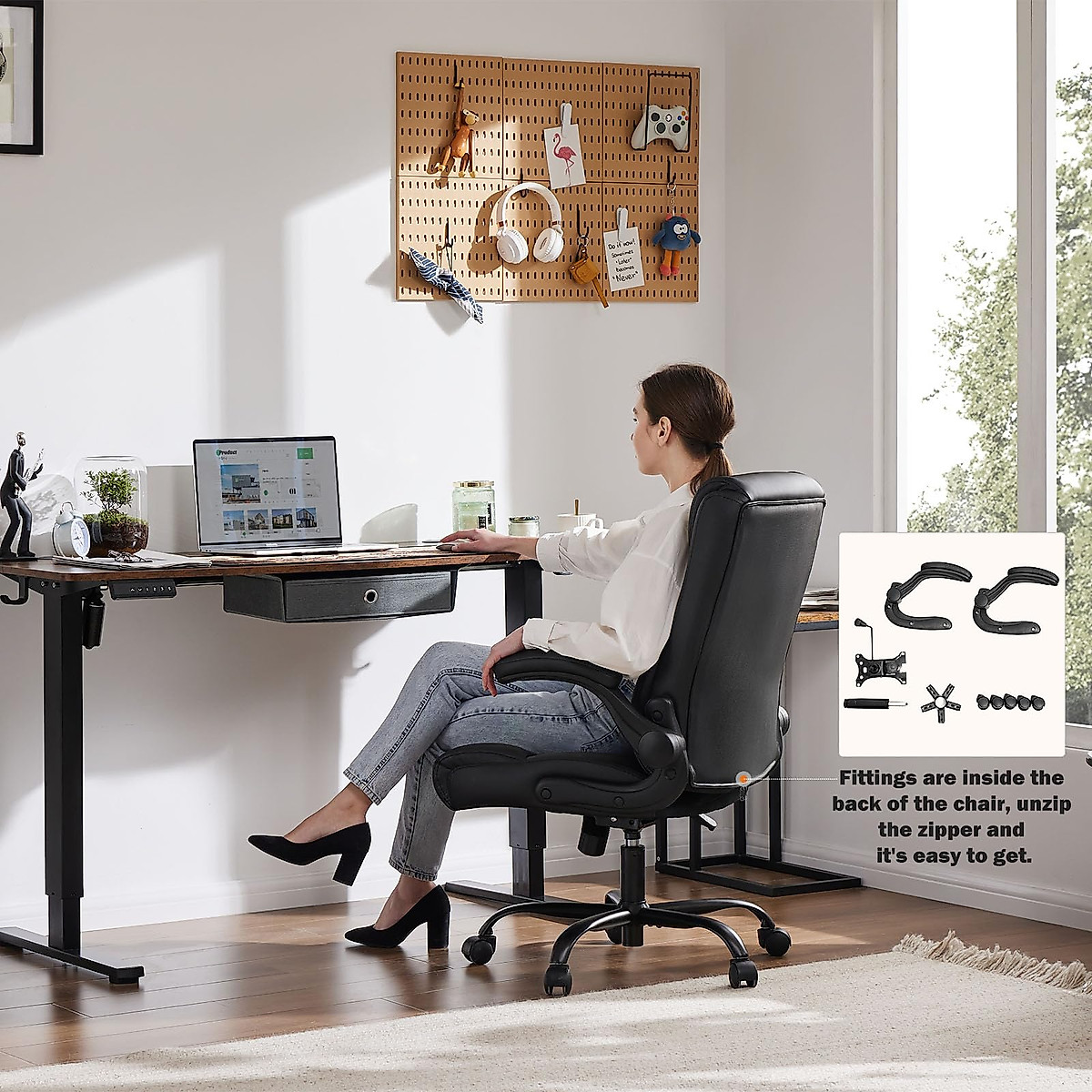 Sweetcrispy Ergonomic Executive Office Chair: Height Adjustable PU Leather Office Chair Flip-up Arms Mid Back Desk Chair with Wheels Computer Chair with Lumbar Support, Black