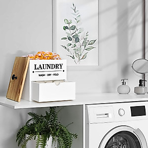 Dryer Sheet Holder with Drawer and Lid, Wood Dryer Sheet Dispenser and Laundry Pods Container for Laundry Room Organization and Storage, Laundry Pod Holder Wall Mount for Laundry Room Decor (White)