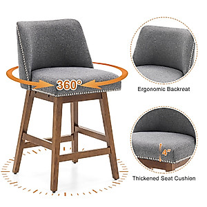 SENYUN Swivel Bar Stools Set of 4, 26" Counter Height Bar Stools with Back, Linen Fabric Upholstered Seat Barstool with Wooden Base for Kitchen Island Dining Room Pub