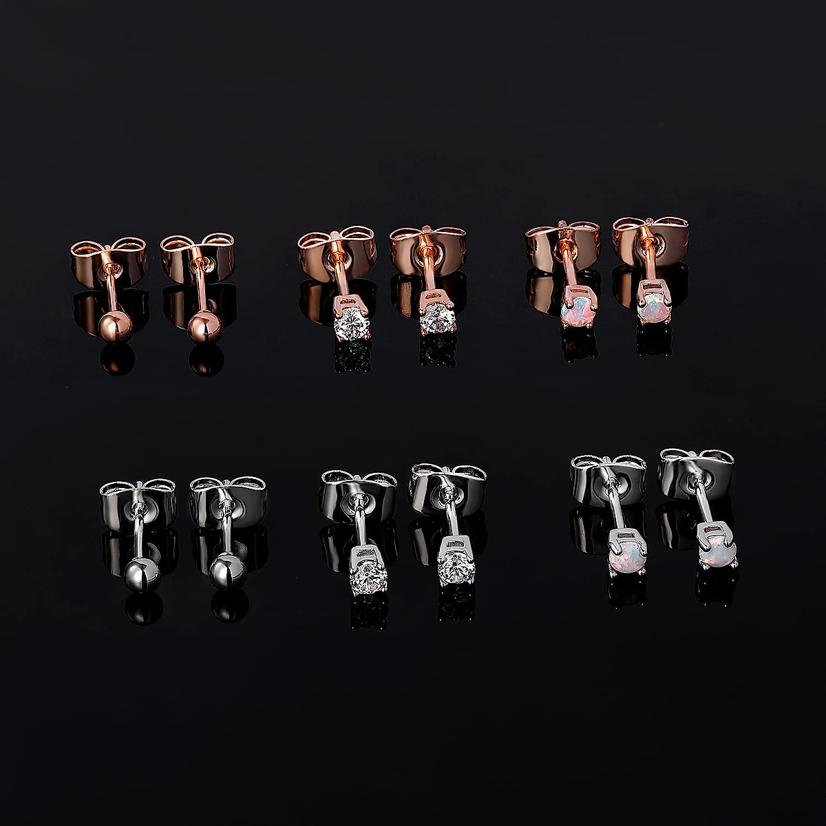 6 Pairs Round Ball Stud Earrings Pack in 18k Rose Gold, White Gold Plated Color with Opal, CZ Stone