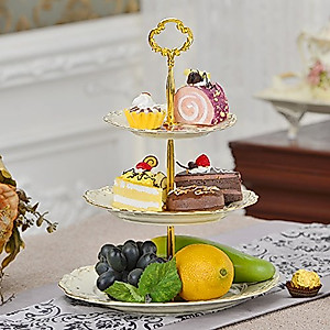 YOLIFE Red Rose Pattern 3 Tiered CupCake Stand, Emboss Golden Leaves Edge Porcelain 3 Tier Pastry Stand Desert Stand