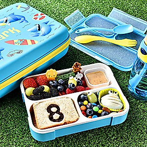 COO&KOO Shark Lunch Bag Lunch Box Set, Include 3D Insulated Cooler Bag & Leakproof Water Bottle Pineapple Ice Pack Multipurpose Spork Spoon Silicone Cups Salad Box, Great for School Girls or Boys