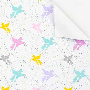 Magic Flying Unicorn Over Rainbow Star Dreams On White Wrapping Paper Sheets, Fantasy Horse With Wings and Horn Gift Wrap for Birthday Wedding Bridal Baby Shower Girl Kids, 4 Sheets Folded Flat 20x28 inches per sheet, 15 sq. ft. ttl.