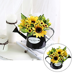 Takefuns Artificial Sunflowers and Metal Kettle Potted, Artificial Sunflowers Bouquet in Pot Bonsai, for Home Office Garden Party Wedding Table Decor