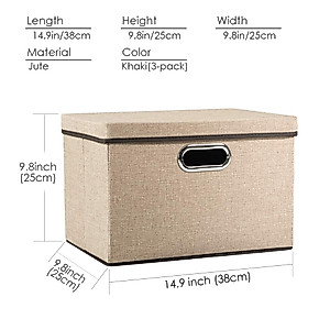 PRANDOM Collapsible Storage Cubes with Lids [3-Pack] Jute Fabric Foldable Storage Boxes Organizer Containers Baskets Bins with Cover for Home Bedroom Closet Office Nursery (14.9x9.8x9.8)