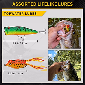 GOTOUR Fishing Lures Accessories Kit with Tackle Box, Fishing Hooks Minnow Crankbait Frog Popper Lure Worm Fishing Spoon Spinner Bait for Bass Crappie, Fishing Gear Freshwater Equipment Gifts for Men