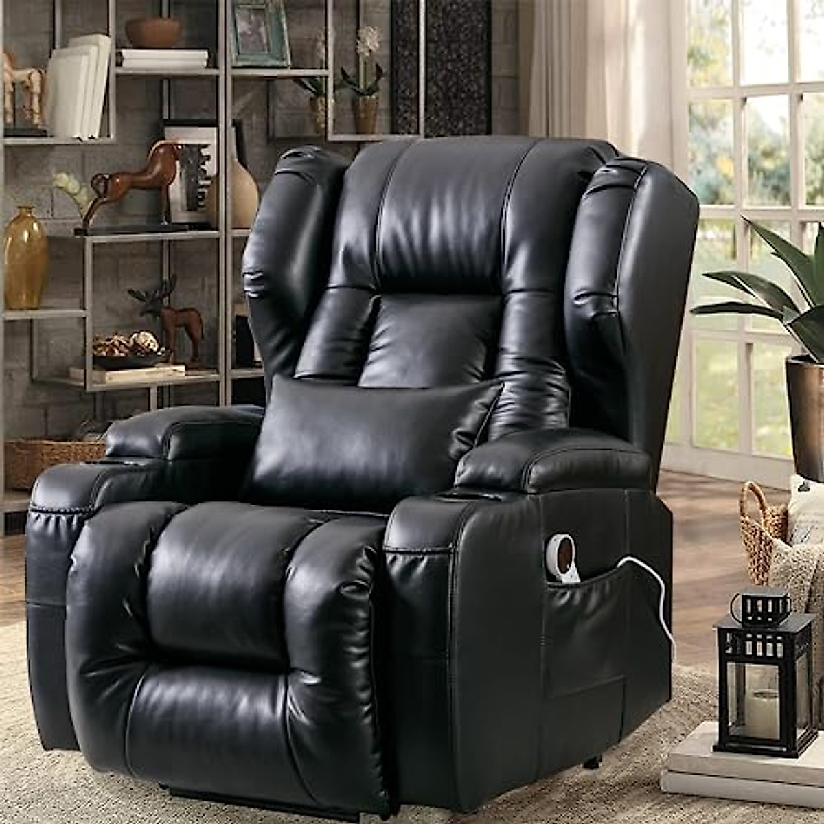 OBBOLLY Power Lift Recliner Chair for Elderly,PU Leather Heat Massage Chair Recliner with 2 Concealed Cup Holders for Living Room,Soft Lazy Single Sofa with Lumbar Pillow, Side Pockets, USB Po (Black)