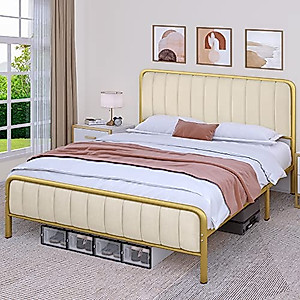 YITAHOME Queen Size Bed Frame, Velvet Bed Frame with Upholstered Headboard, Strong Metal Slats Support Platform Bed, No Box Spring Needed, Gold & Beige