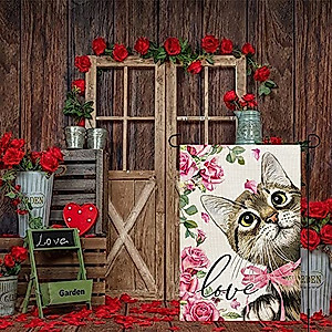 CROWNED BEAUTY Valentines Day Cat Garden Flag 12x18 Inch Double Sided for Outside, Pink Roses Love Yard CF687-12