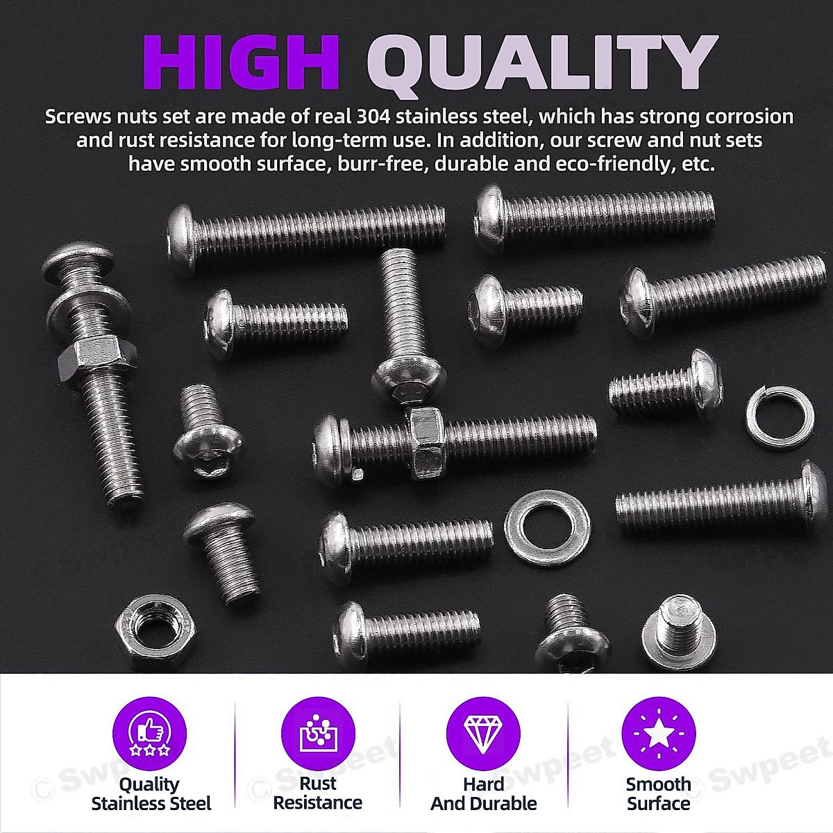 Swpeet 161Pcs M6 Metric 304 Stainless Steel Button Head Hex Socket Head Cap Bolts Screws Nuts and Hex Nuts with Flat Washers and Split Lock Washers Kit, Screws Nuts Washers Wrench All Included