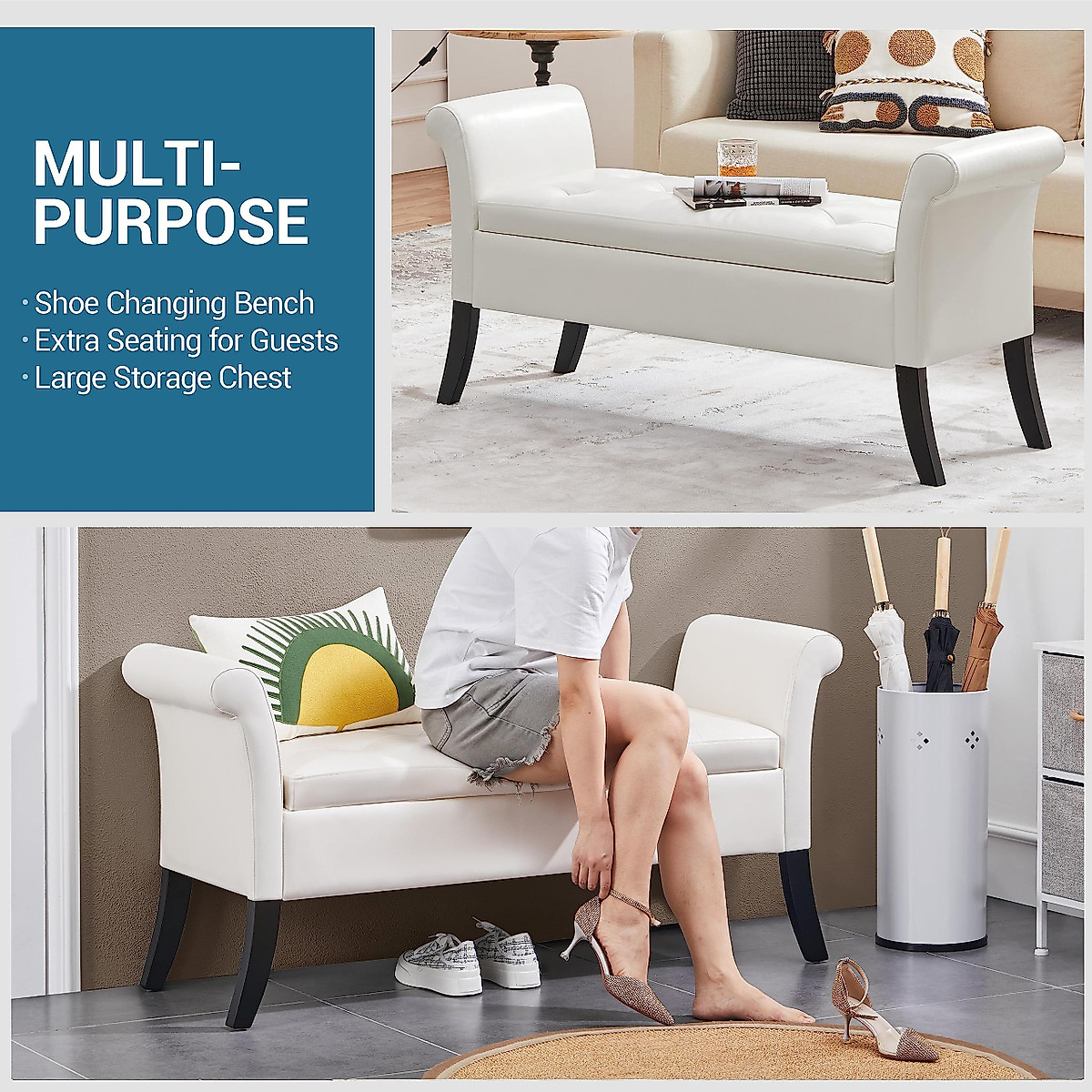 Yaheetech 52in Ottoman Bench Folding Storage Ottoman Bench Tufted Faux Leather Entryway Bench with Arms Footstool with Large Storage Foot Rest Seat Rolled Arms Cushioned Ottoman White