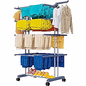 Raybee Clothes Drying Rack Folding Indoor 5-Tier 73.6" H Laundry Drying Rack Oversized Drying Rack Clothing Foldable Clothes Rack Drying with Wheels Outdoor Use