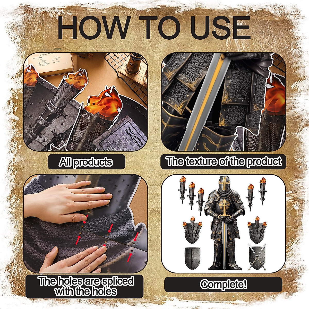 Honoson 10 Pcs Medieval Party Decorations Castle Decorations Jointed Suit of Armor Knight Cut Out Torch Props Medieval Shield for Birthday, Halloween, Medieval, Castle Party Renaissance Knight