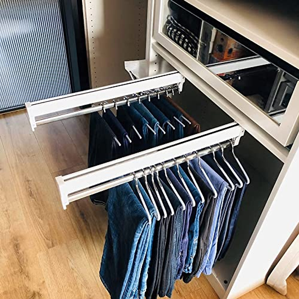 Heavy Duty Retractable Pull Out Pants Rack,Aluminum Alloy Pull Out Closet Valet Rod,Extendable Wardrobe Rail Tube for Hanging Clothes, Top Mount,5 Pcs Pants Rack ( Color : White , Battery *1 : 31cm )