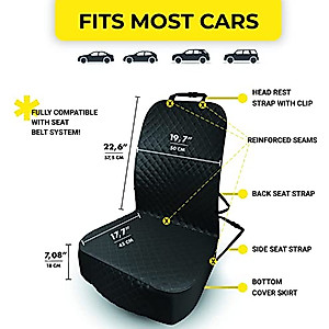 5 STARS UNITED Front Seat Dog Cover for Car - Durable Black Waterproof Protector Against Dirt, Mud & Fur - Scratch Proof Non-Slip Padded Quilted Front Seat Covers for Dog for Cars, Trucks & SUV