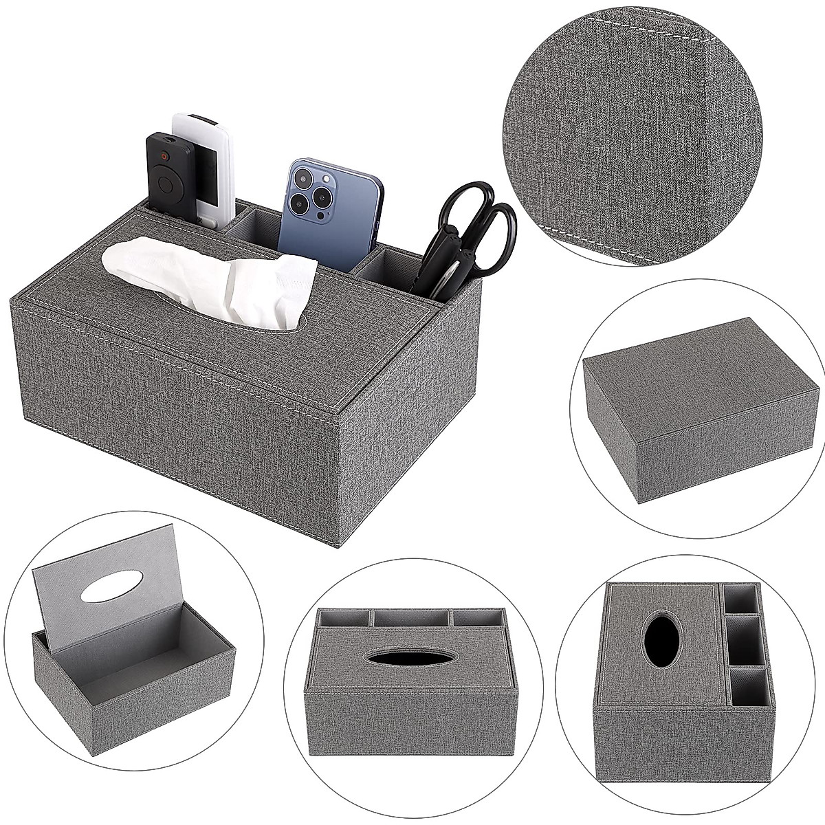 Sumnacon Linen Rectangular Tissue Box Cover - Multifunctional Tissue Box Holder with Remote Control Box, Decorative Tissue Box Remote Organizer for Home Office Car Restaurant, Grey