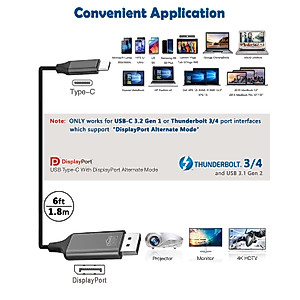 QuadriValue USB-C to DisplayPort Adapter, Thunderbolt 3, 6FT Long, DP 1.4, Compatible with Samsung Galaxy S20, LG G8, OnePlus 7 Pro, HTC U11+ and More