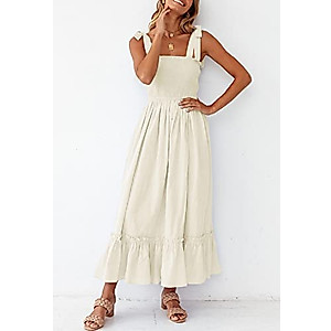 ZESICA Women's 2023 Summer Boho Spaghetti Strap Square Neck Solid Color Ruffle A Line Beach Long Maxi Dress,Apricot,Small