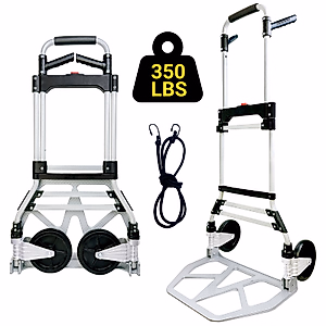 FUVLFAL 350LBS Folding Hand Truck Dolly Cart, Aluminum Portable Cart Heavy Duty Utility Dolly Trolley with Swivel Handle, Telescoping Handle, Elastic Cord, 7-inch Big Wheels for Home, Shopping, Office