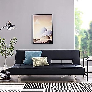 Astrid Futon Sofa Bed Faux Leather Futon Couch Modern Convertible Folding Sofa/Bed Couch with Chrome Legs Reclining Mini Coach Leather Futons Small Couch for Bedroom Living Rooms, Office - Black