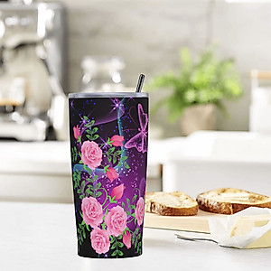 Dujiea 20oz Tumbler With Lid And Straw, Flowers Smoke And Butterfly Vacuum Insulated Iced Coffee Mug Reusable Travel Cup Stainless Steel Water Bottle