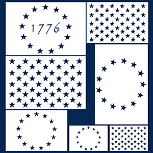 Koogel 7 PCS Plastic Stencil Template, 3 Sizes Star Stencil 50 Stars American Flag and 13 Stars 1776 Template for Independence Day, Painting on Wood Wall Craft Projects