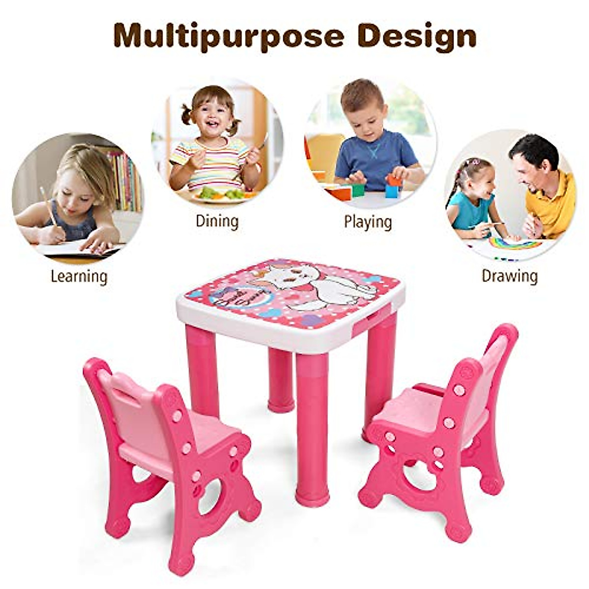 Costzon Kids Table and Chair Set, 3-Piece Toddler Activity Table and Chairs with Storage Drawer, Height Adjustable Chair, Children Desk Furniture Set for Drawing Reading Snack Time Art Craft (Pink)