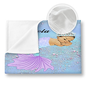 Cute African American Girl Mermaid Personalized Baby Blanke Name Soft Fleece Swadding Blankets Throw for Newborn Baby Girls Boys Pet Nursery 30'' x 40''