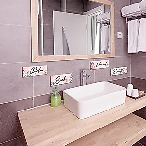 Creoate Pink Bathroom Wall Decor 4 Pieces Relax Soak Unwind Breathe Minimalist Bathroom Signs Floral Print Wooden Hanging Wall Decor for Women Small Farmhouse Home Bathroom