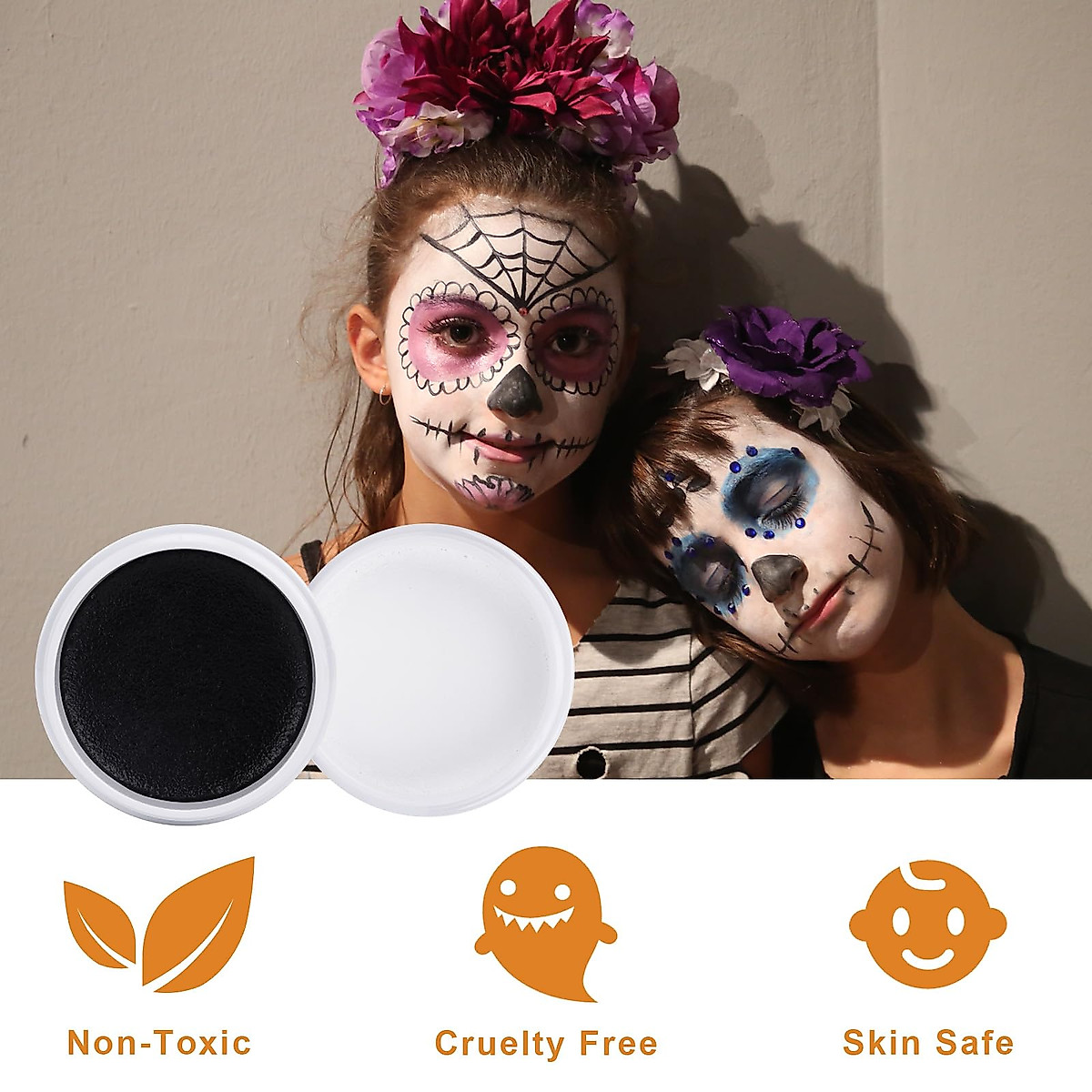 Black and White Face Paint,Halloween Skeleton Face Paint Kit with 2Pcs Painting Brushes,Water Based Body Paint for Adults & Kids,SFX Makeup Palette for Zombie,Joker,Clown,Cosplay,Costume,Theater