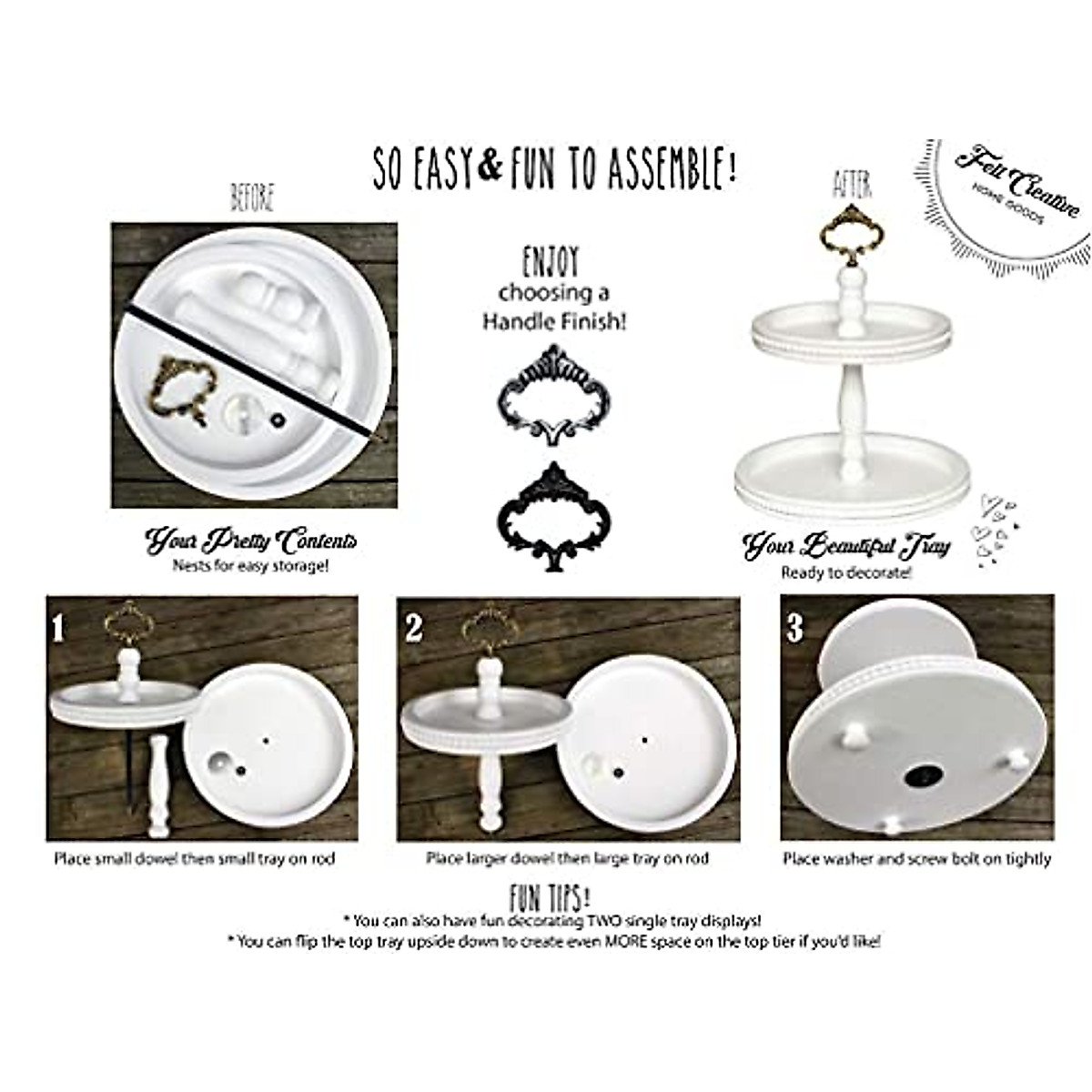 2 Tiered Tray Wooden Serving Stand by Felt Creative Home Goods. Small Shabby Chic Beaded Tray for Home Decor Display Farmhouse Country Decoration Kitchen or Dining. Includes 3 Custom Handles (White)