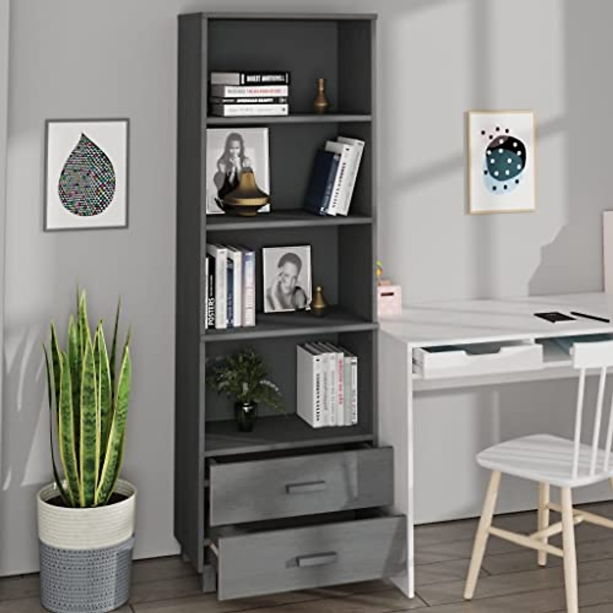 GOLINPEILO Wooden Highboard Bookcase, Dark Gray 4-Tier Bookshelf with 2 Drawers, Standard Book Shelves Display Shelf Solid Wood Pine for Home Office 23.6"x13.8"x70.9"(B) -AA