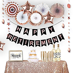 Hombae Retirement Party Decorations for Women, Happy Retirement Party Decorations, Rose Gold Happy Retirement Banner Paper Fans for Women Retirement Party Supplies