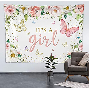 Maijoeyy 7x5ft It's a Girl Baby Shower Backdrop Pink Floral Butterfly Baby Shower Backdrop for Girl Baby Shower Decoration Girl Baby Shower Backdrops for Photography