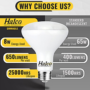 Halco ProLED BR30 Flood Led Light Bulbs, Dimmable, 8W 650 Lumens, 3000K Warm White 25000 Houers E26 Base, UL CRI 80 6-Pack