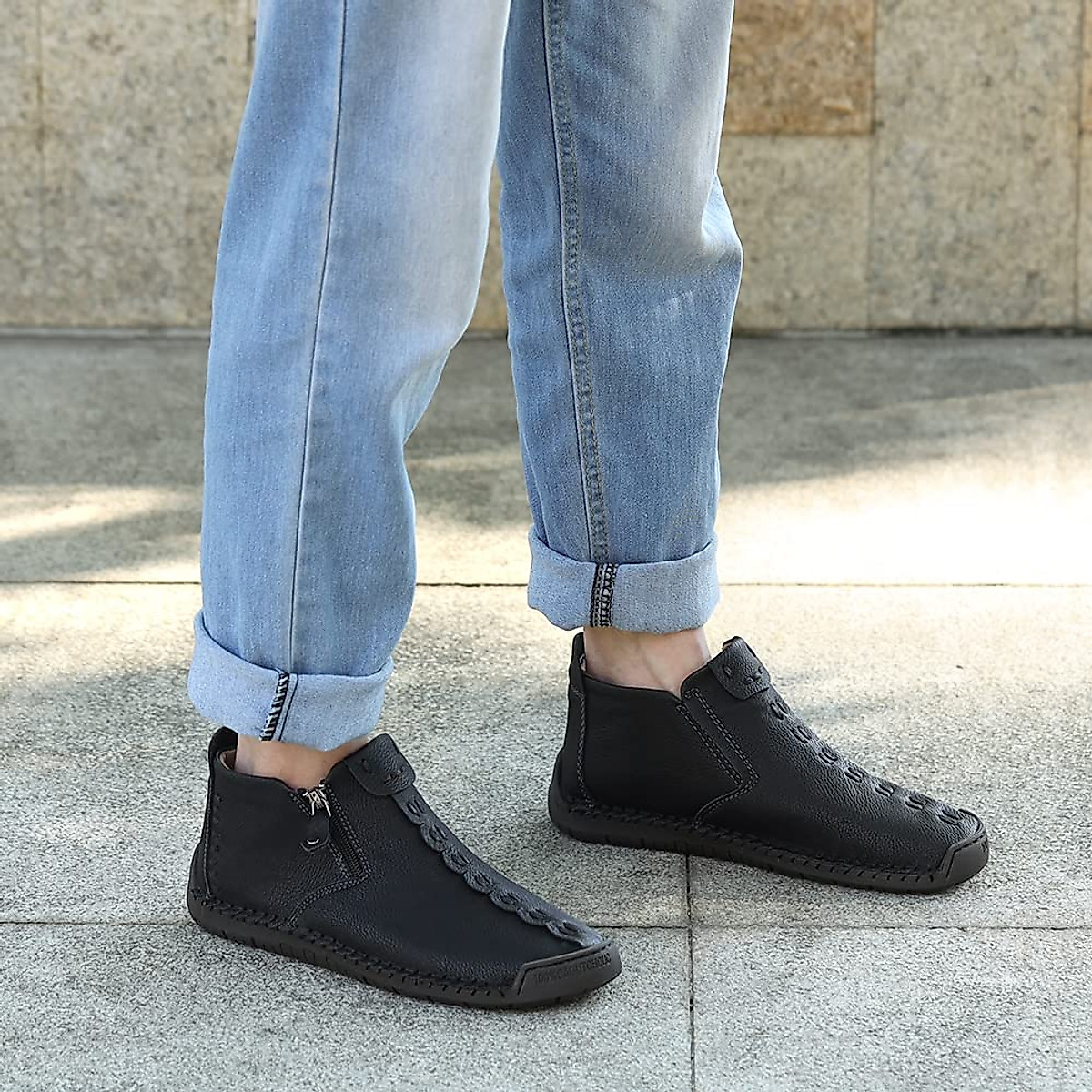 Dacomfy Mens Boots, Medieval Boots Leather Renaissance Shoes Mens Loafers, Casual Shoes Slip On Shoes Side Zipper Black Brown Khaki Green