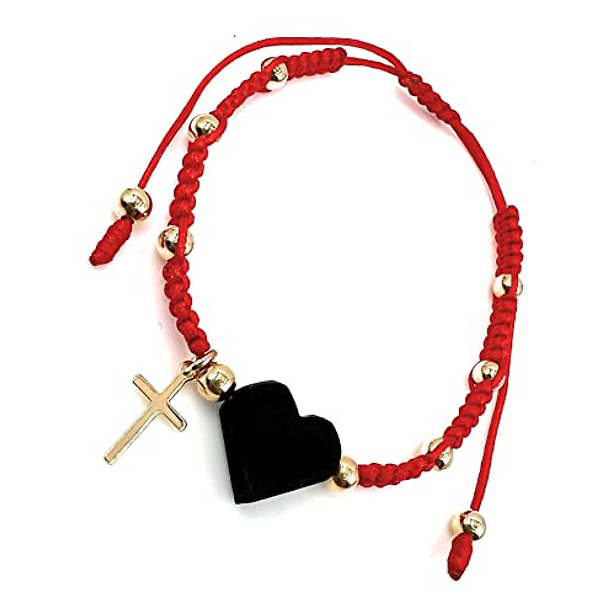 LESLIE BOULES Red Thread Genuine Heart Azabache Bracelet with Tiny Gold Plated Catholic Cross Handmade Jewelry