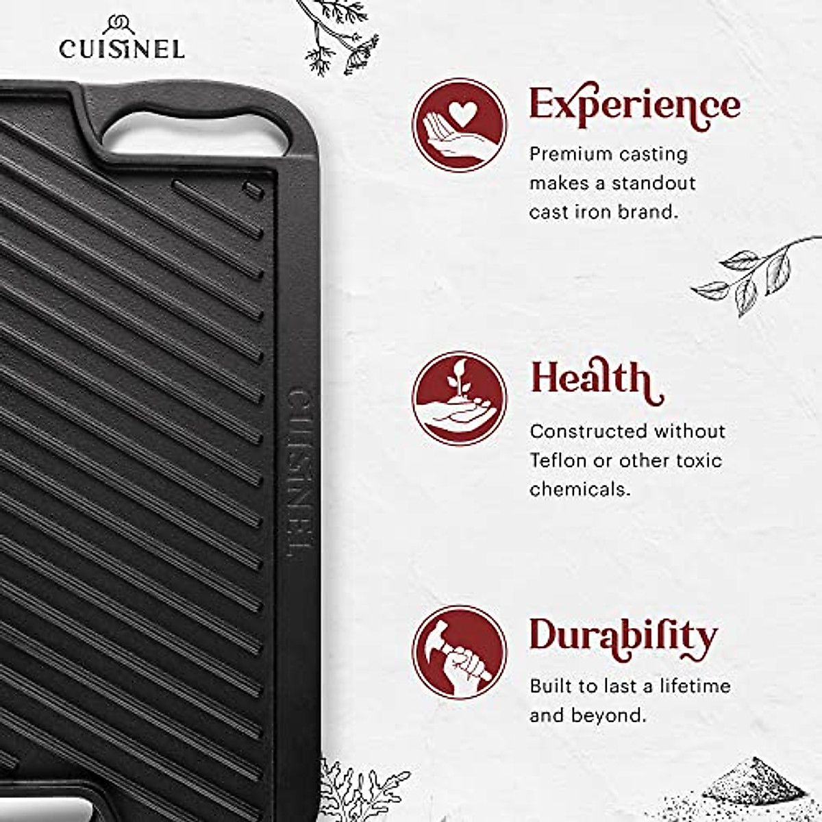 Cuisinel Cast Iron Griddle/Grill + Scraper/Cleaner - Reversible Pre-Seasoned 16.75" X 9.5"-inch Dual Handle Flat Skillet and Griller Pan - Works Indoor/Outdoor, Stove Burner, Gas, Fire