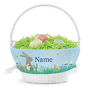 Personalized Meadow Easter Egg Basket with Handle and Custom Name | Boy Bunny Easter Basket Liners | White Basket | Woven Easter Baskets for Kids | Customized Easter Basket | Gift for Easter