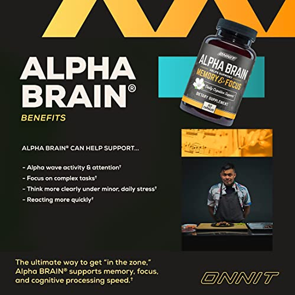 ONNIT Alpha Brain Premium Nootropic Brain Supplement, 90 Count, for Men & Women - Caffeine-Free Focus Capsules for Concentration, Brain & Memory Support - Brain Booster Cat's Claw, Bacopa, Oat Straw