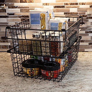 Home-Complete Nesting Storage Bins Stackable Wire Baskets, Set of 2, Large, Black, 2 Each