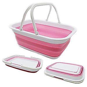 SAMMART 9.2L (2.37Gallon) Collapsible Tub with Handle - Portable Outdoor Picnic Basket/Crater - Foldable Shopping Bag - Space Saving Storage Container (1, White/Pink)