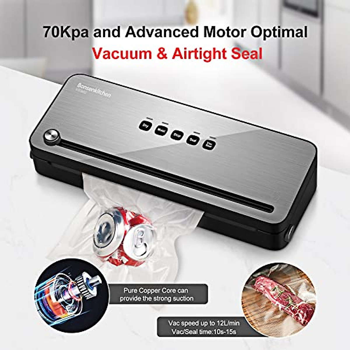 Bonsenkitchen Vacuum Packing Machine for Foods, Vacuum Sealer with Built-in Cutter for Both Wet and Dry Foods, Vacuum Roll Bags Included