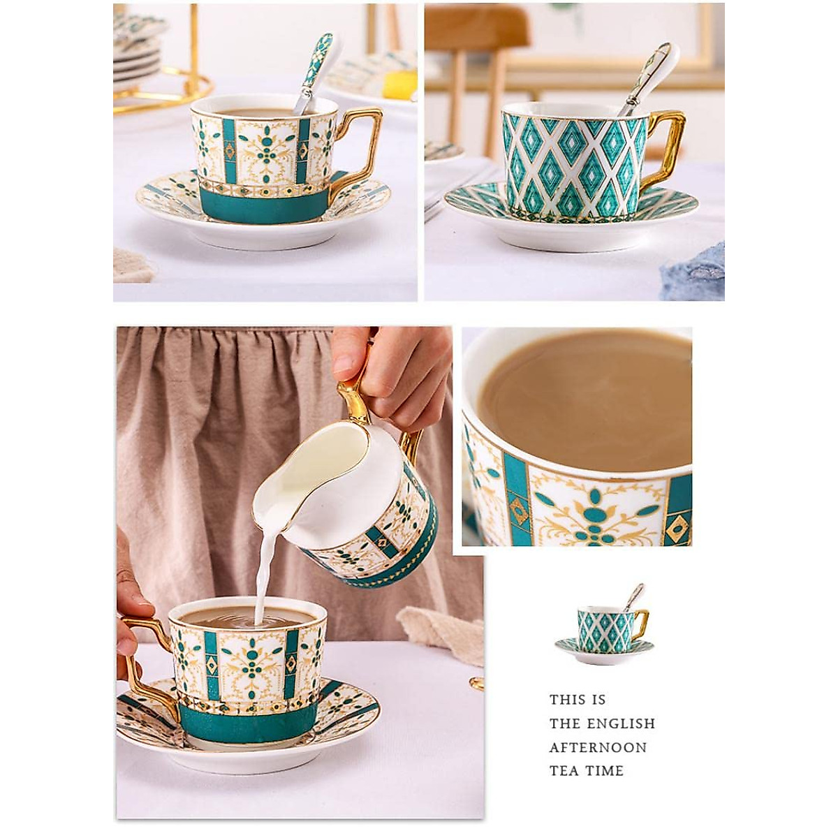 Coffee Cup Gift Box with Gold Trim Tea Cup Saucer Spoon Set Ceramic Coffee Cups British Coffee Cups for Coffee Drinks Latte Tea (Pattern 1 Suit of 2(With Pack))