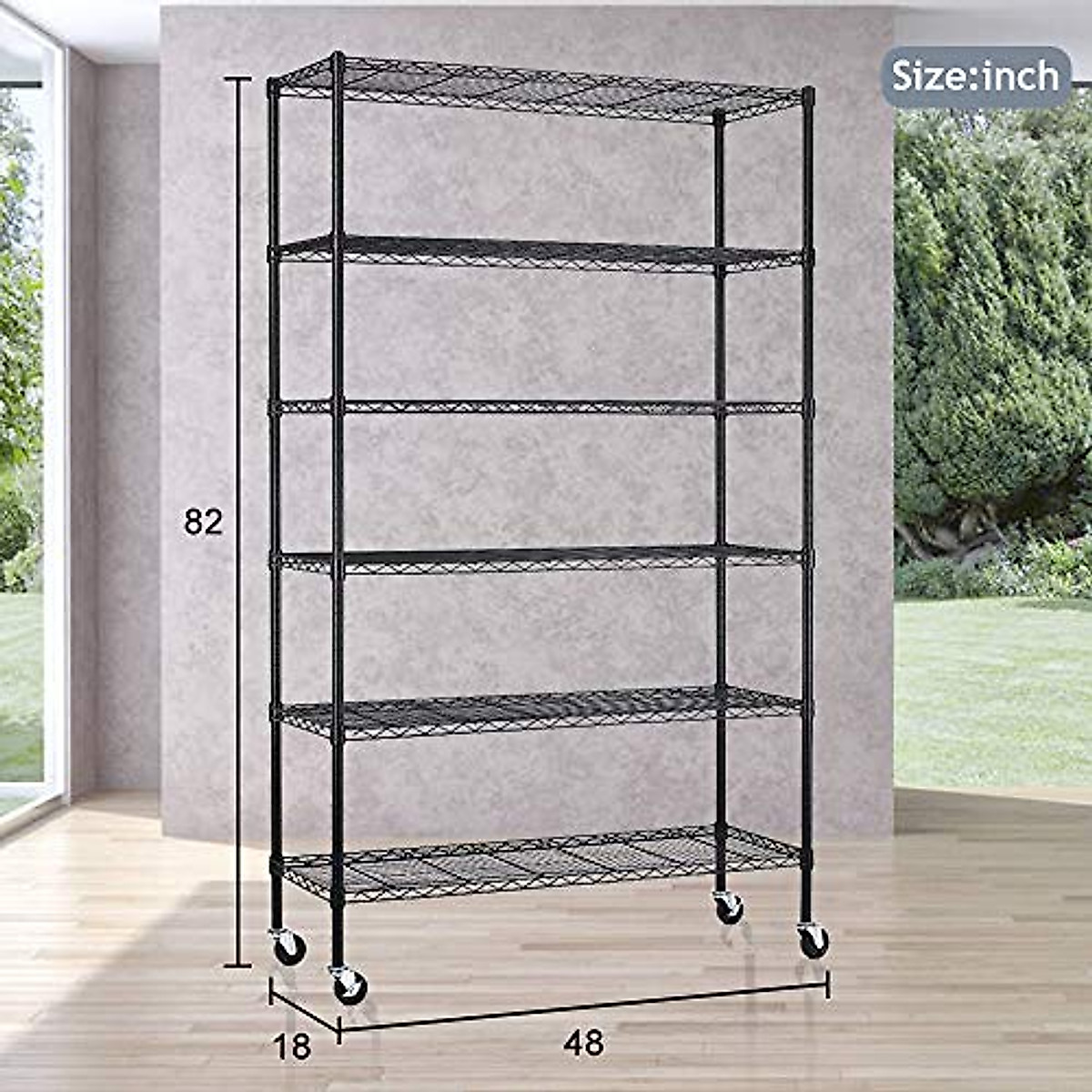 HGS Storage Shelves 6 Tier Wire Shelving Unit with Wheels Heavy Duty Metal Shelf Garage Rack Adjustable Steel Wire Shelf Utility Storage Rack with Casters, NSF-Certified (48 x 18 x 82 inches, Black)