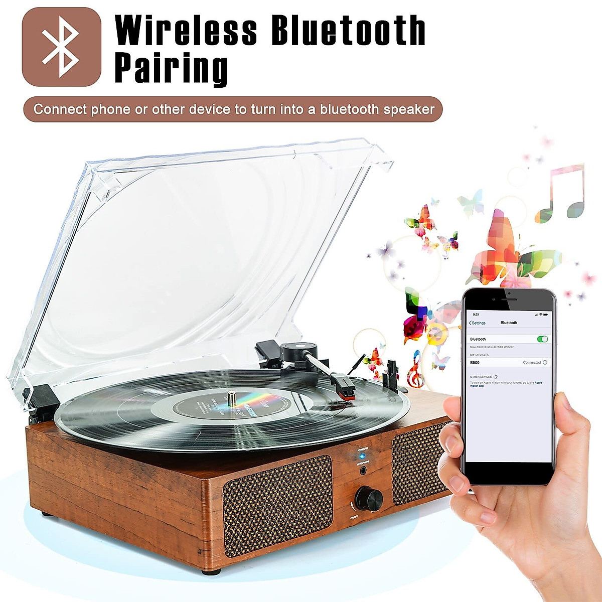 Record Player Bluetooth Turntable for Vinyl with Speakers & USB Player,Vinyl to USB,3 Speed Belt Driven LP Vintage Phonograph for Home Decoration
