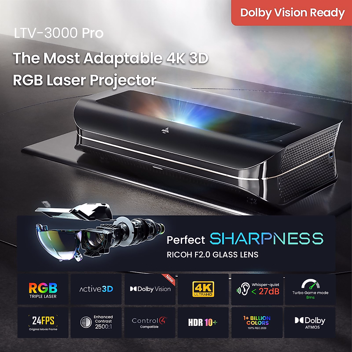 AWOL VISION LTV-3000 Pro 4K 3D Ultra Short Throw Triple Laser Projector, Dolby Vision & Atmos, HDR10+, 150" UST Laser TV Home Theater Projector