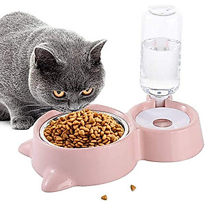 Ycxbox Dog Cat Double Bowls Automatic Pet Food Feeder and Water Dispenser, with Automatic Water Bottle for Small Large Dog Pets Puppy Kitten Rabbit (Pink)