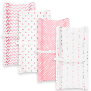 Changing Pad Cover – Baby Changing Pad Covers 4 Pack – Girls Changing Pad Cover Set – Pure Cotton Machine Washable Pink and White Changing Table Cover – Diaper Changing Pad Cover Sheets